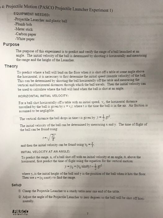 ,4: Projectile Motion (PASCO Projectile Launcher | Chegg.com