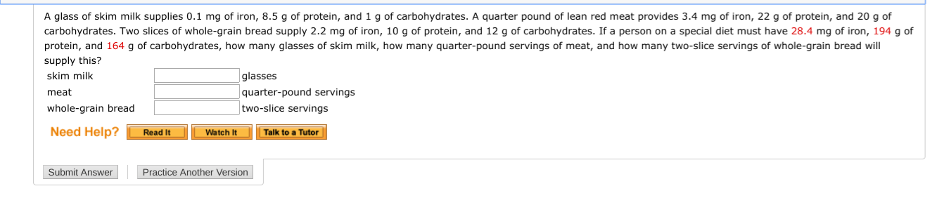 Solved A glass of skim milk supplies 0.1 mg of iron, 8.5 g | Chegg.com