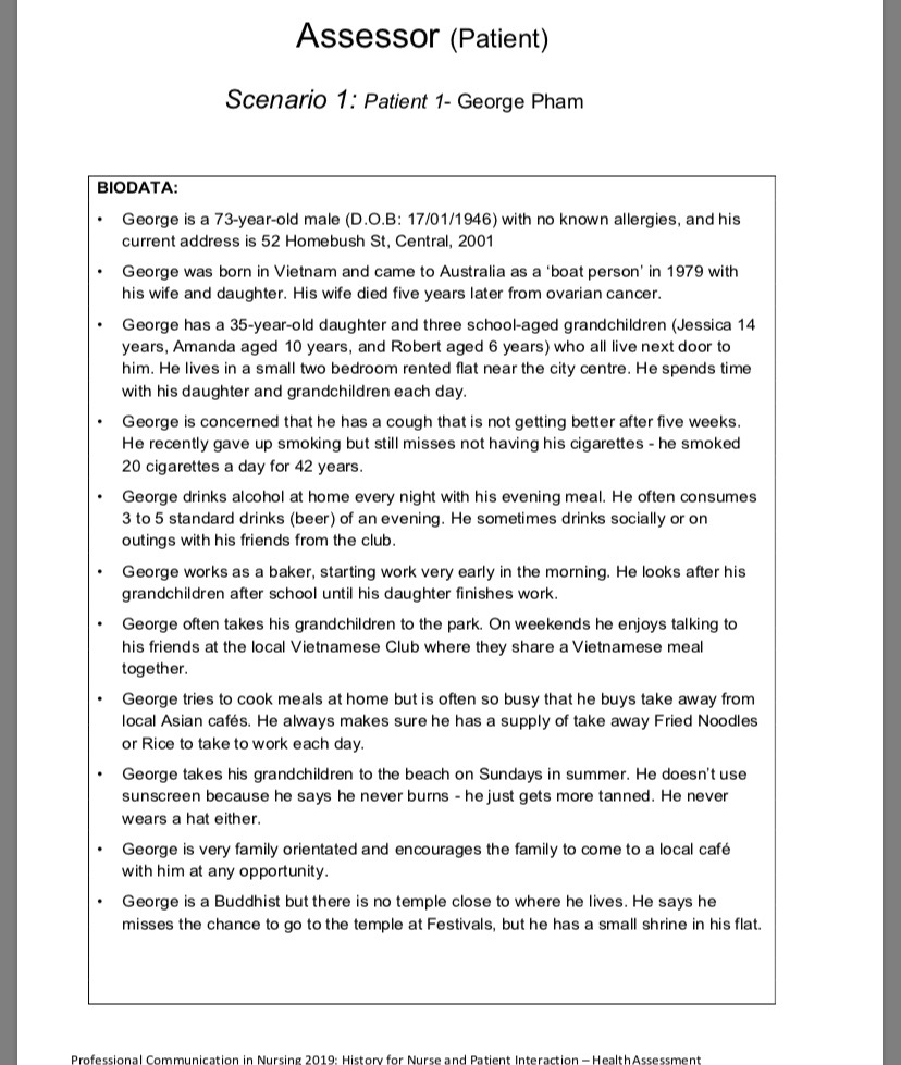 Solved Scenario 1 Patient 1: History for Nurse and Patient | Chegg.com