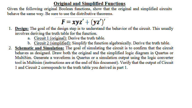 Solved Original and Simplified Functions Given the following | Chegg.com