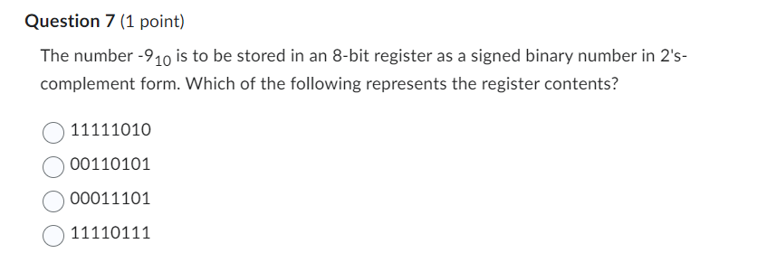 Solved Question 7 (1 ﻿point)The number -910 ﻿is to be stored | Chegg.com