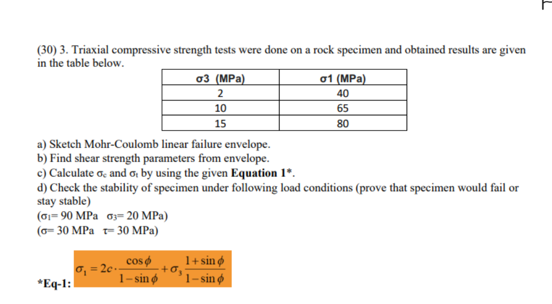 Solved (30) 3. Triaxial compressive strength tests were done | Chegg.com