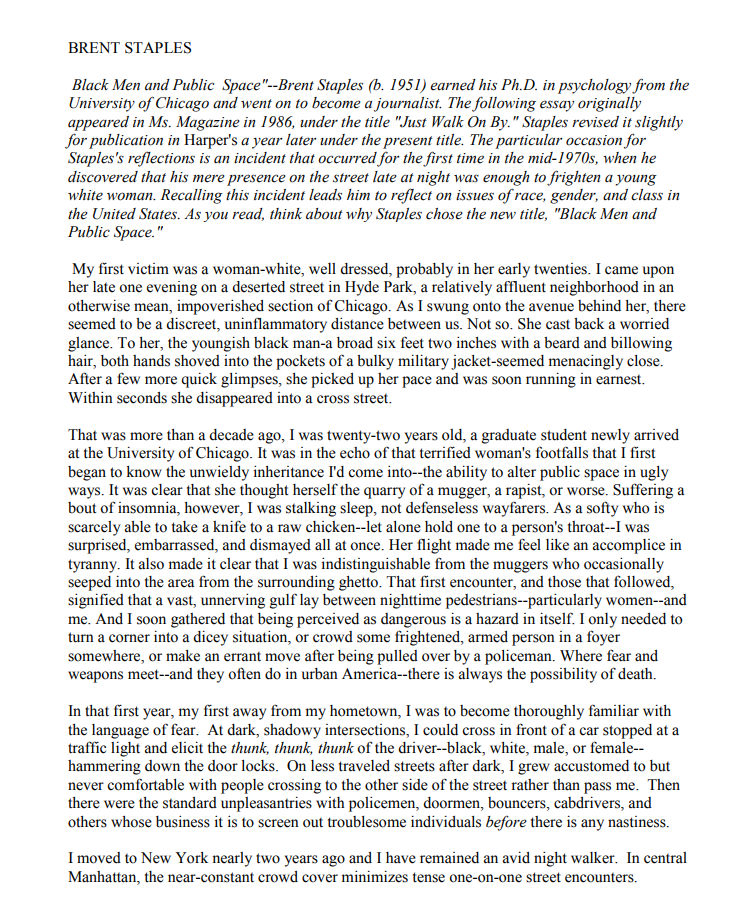 Solved BRENT STAPLES Black Men and Public Space"--Brent | Chegg.com