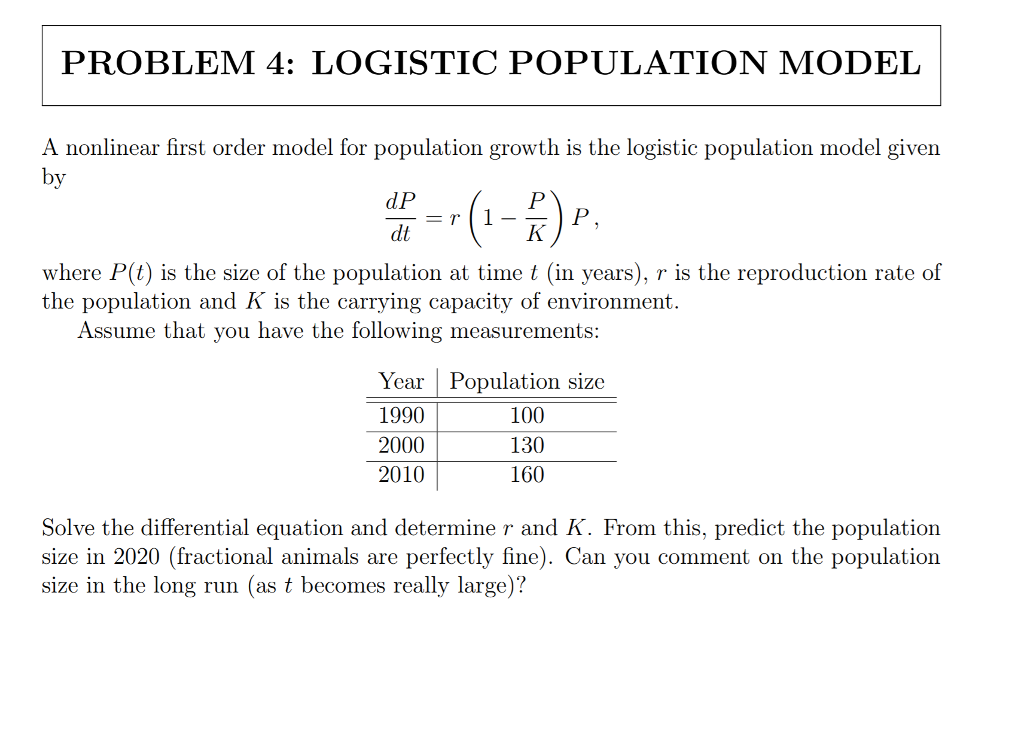 Solved PROBLEM 4: LOGISTIC POPULATION MODEL A nonlinear | Chegg.com