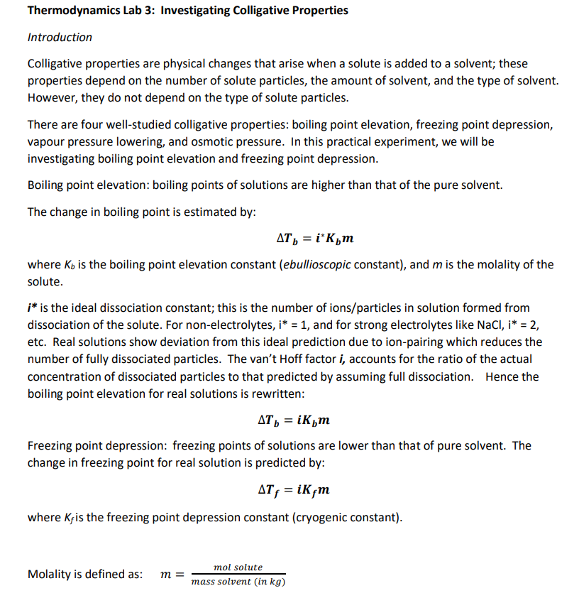 Thermodynamics Lab 3: Investigating Colligative | Chegg.com