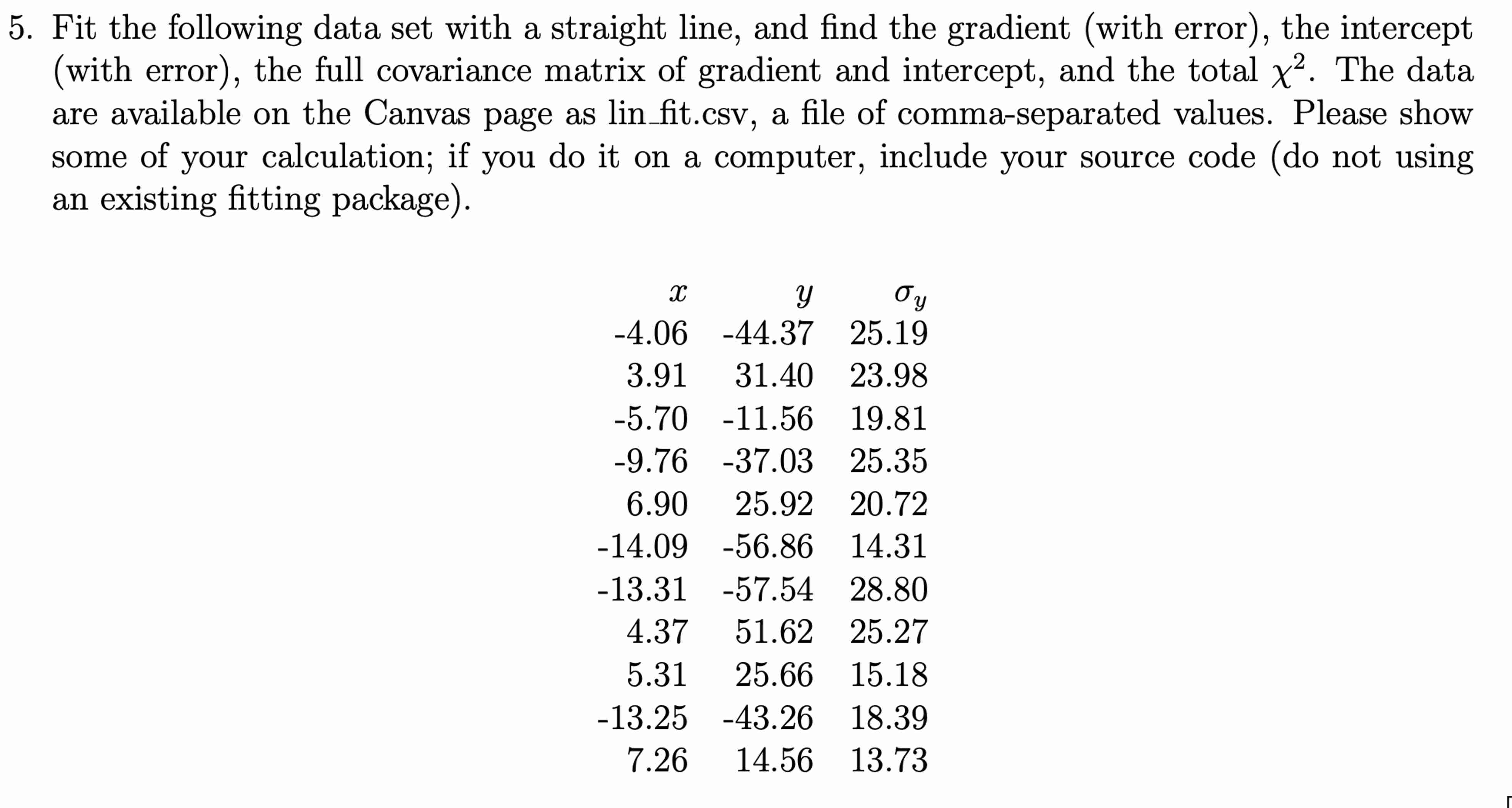 Solved Fit The Following Data Set With A Straight Line And