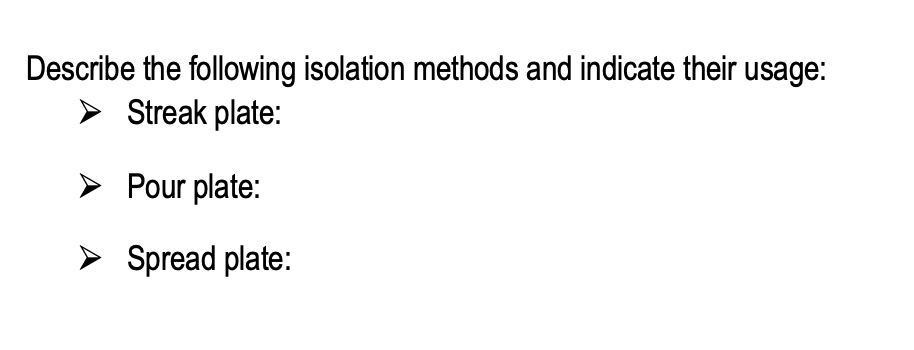 Solved Describe the following isolation methods and indicate | Chegg.com