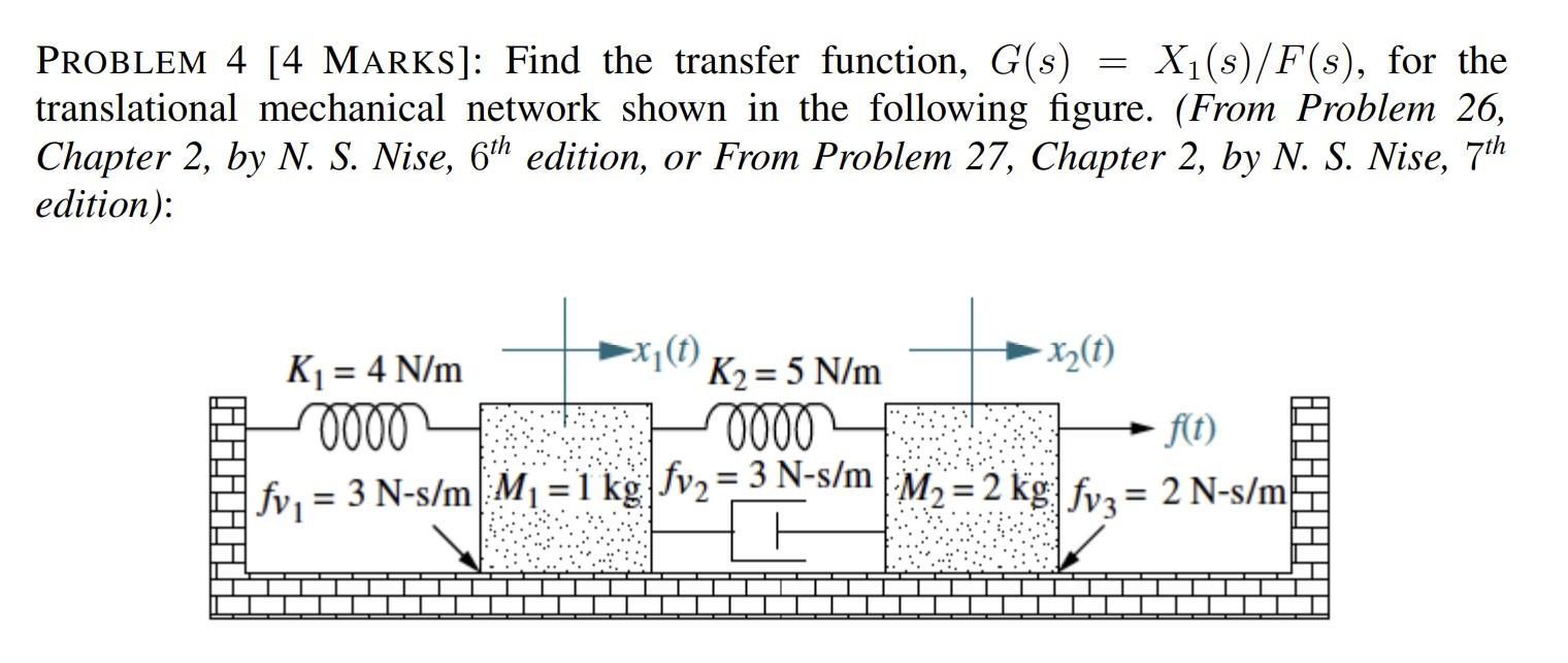 Solved PROBLEM 4 [4 MARKS]: Find the transfer function, | Chegg.com