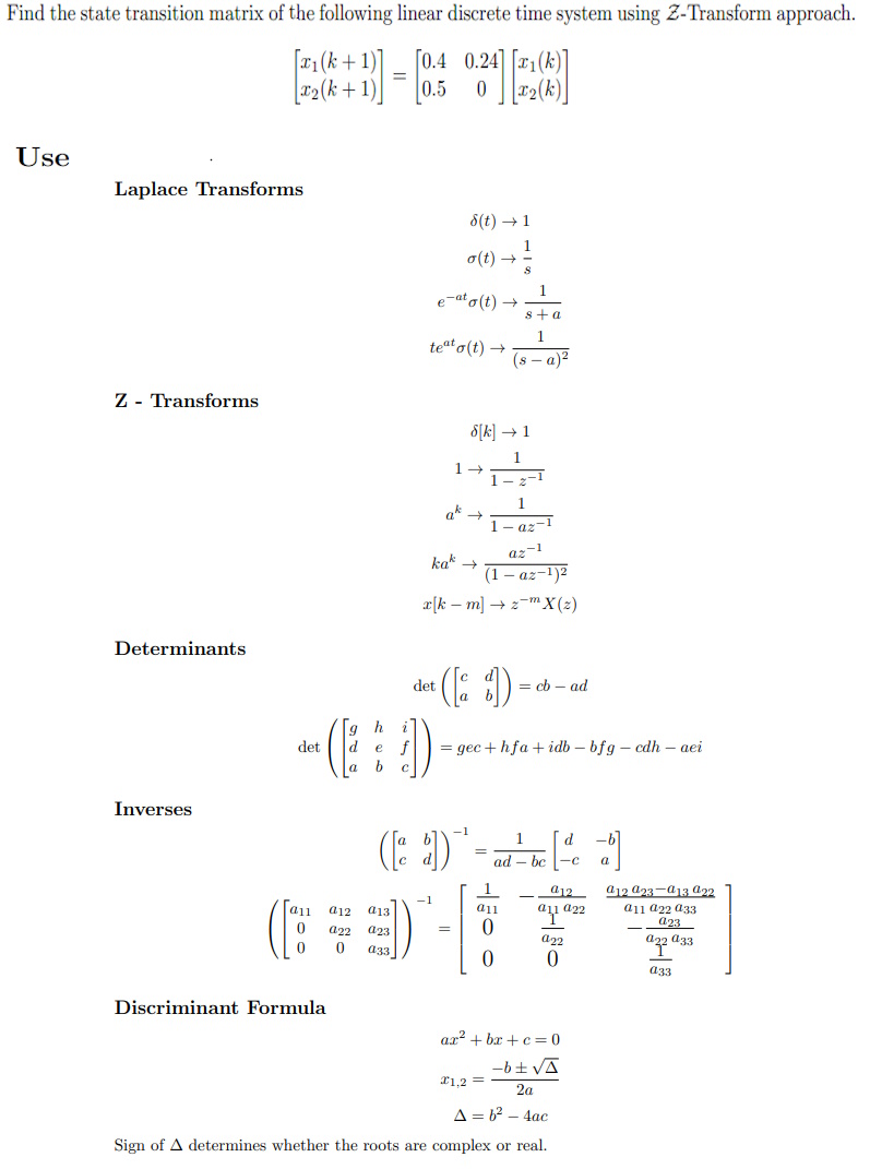 Solved Find the state transition matrix of the following | Chegg.com
