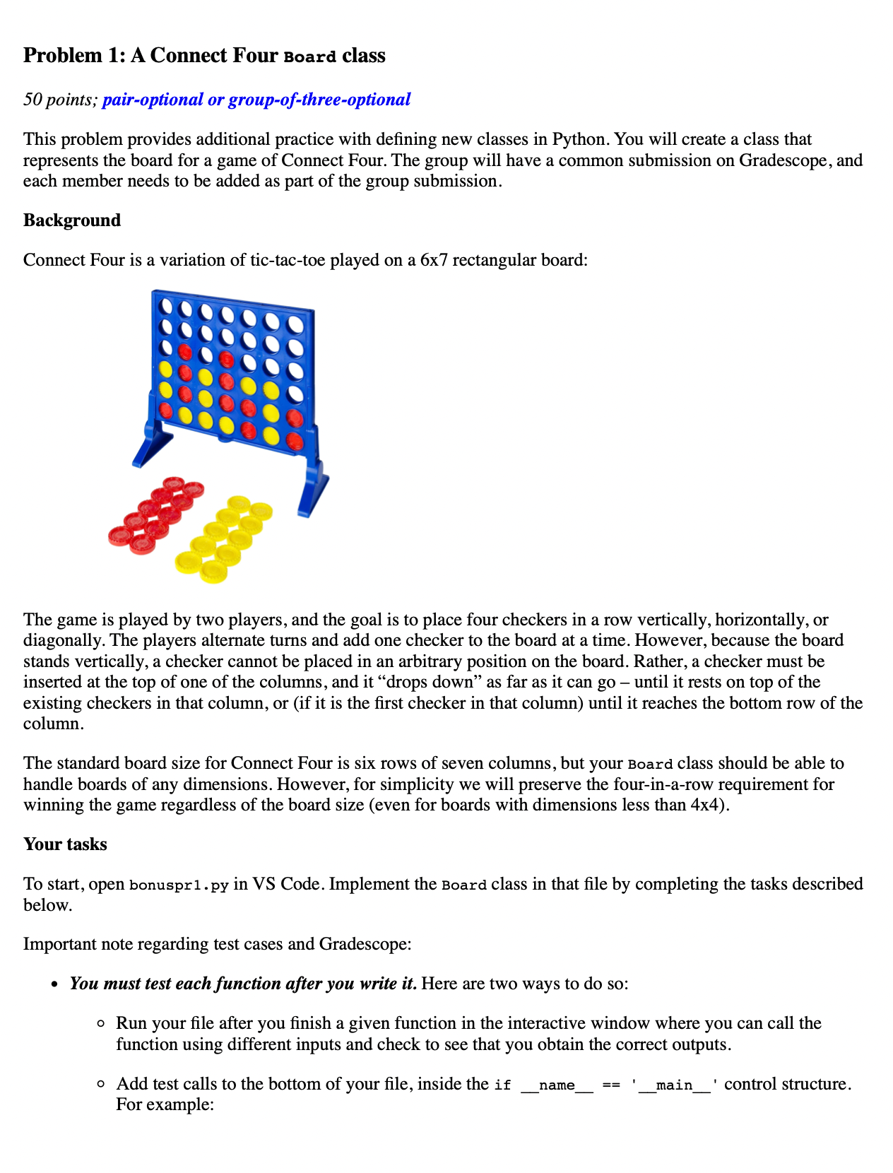 Solved Problem 1: A Connect Four Board class 50 points; | Chegg.com