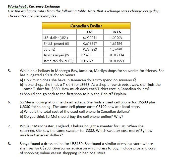 Solved Worksheet : Currency Exchange Use the exchange rates | Chegg.com