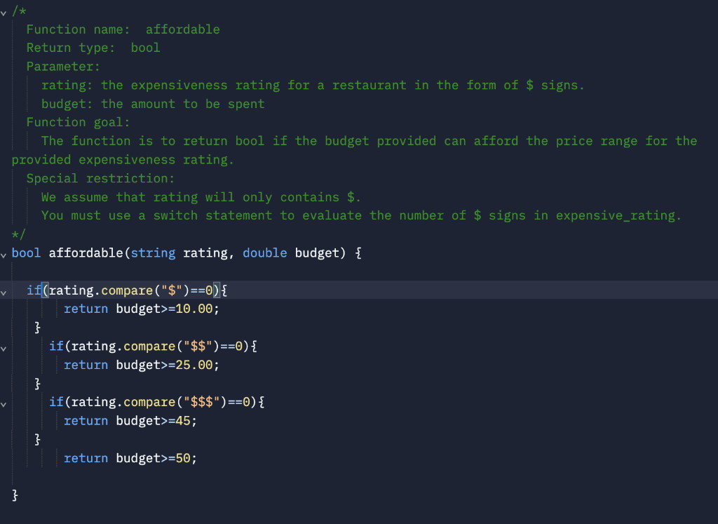 Solved vl* Function name : affordable Return type: bool | Chegg.com