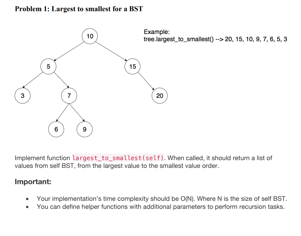 Solved Problem 1: Largest to smallest for a BST 10 Example: | Chegg.com
