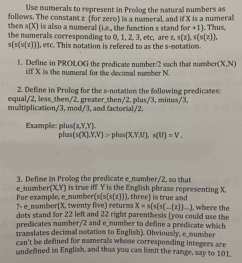Use numerals to represent in Prolog the natural | Chegg.com