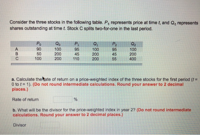 Solved Consider the three stocks in the following table. Pt | Chegg.com