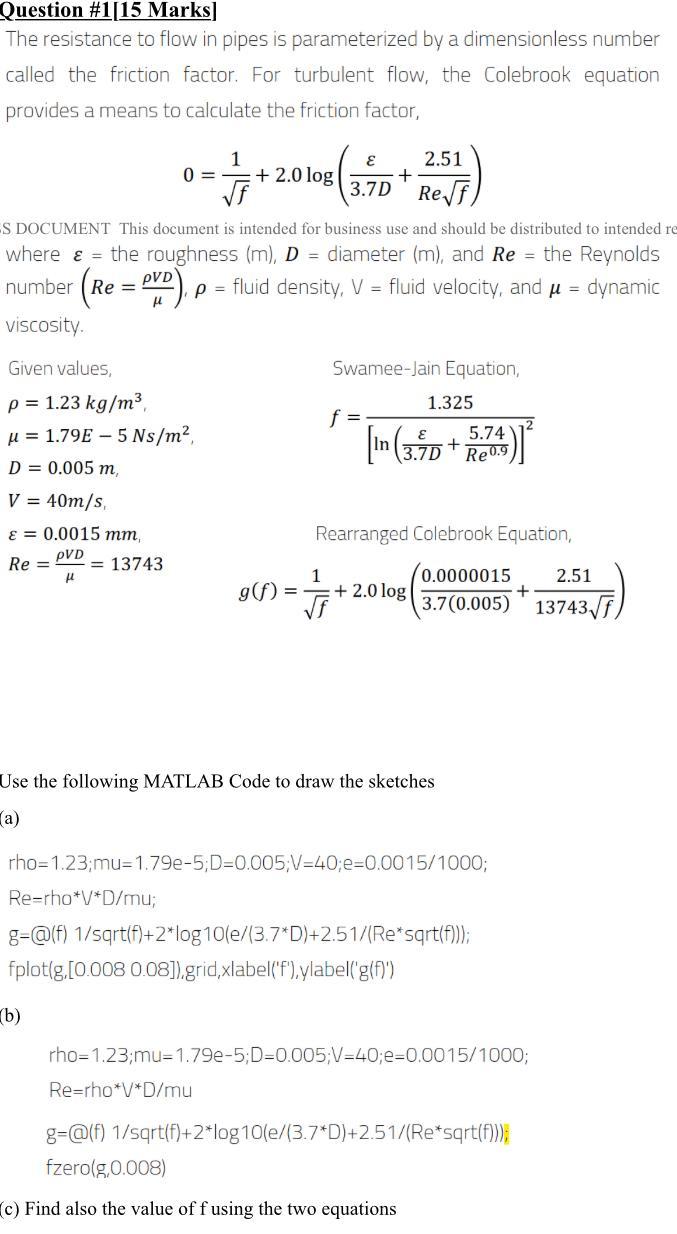 Solved Question #1[15 Marks The resistance to flow in pipes | Chegg.com