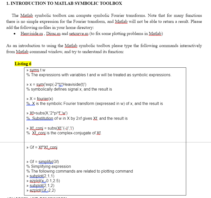 Solved 1 Introduction To Matlab Symbolic Toolbox The Matlab 6039