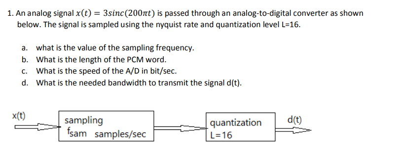 Solved 1. An analog signal x(t) = 3sinc(200πt) is passed | Chegg.com