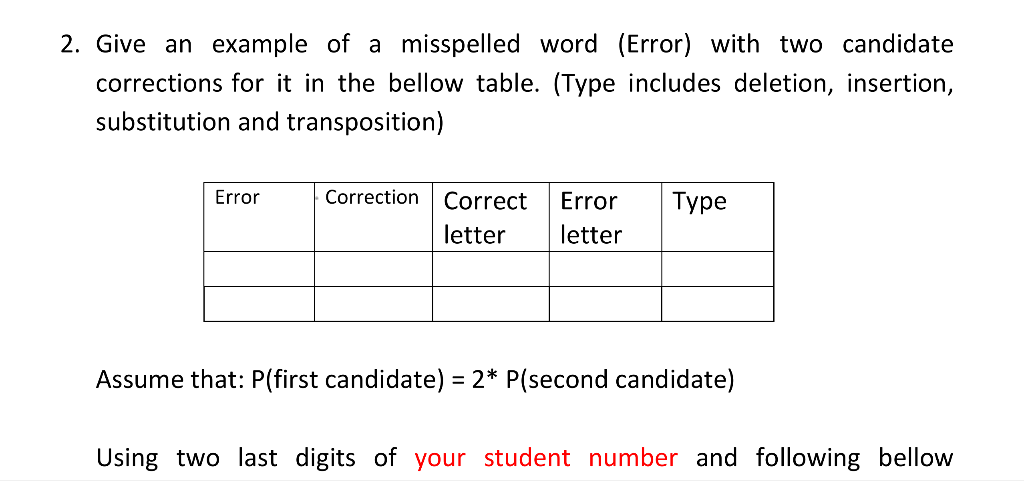 Solved 2. Give an example of a misspelled word (Error) with | Chegg.com