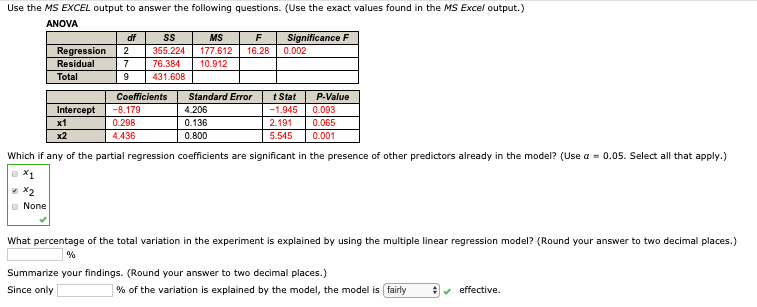 Solved Use The Ms Excel Output To Answer The Following