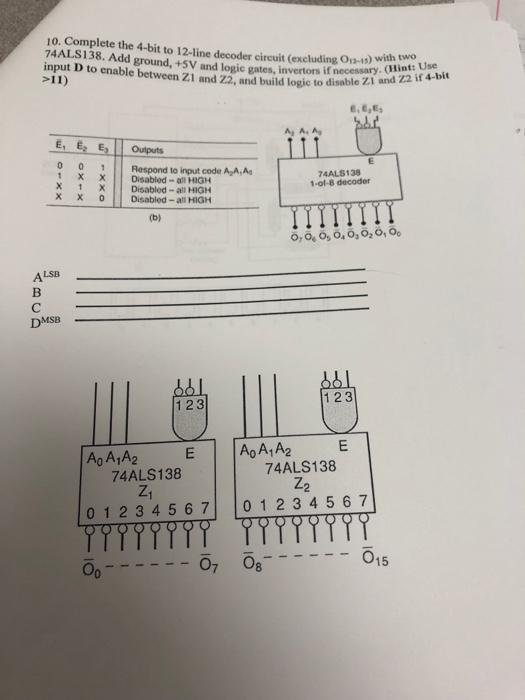 Solved 10. Complete the 4-bit to 12-line decoder circuit | Chegg.com