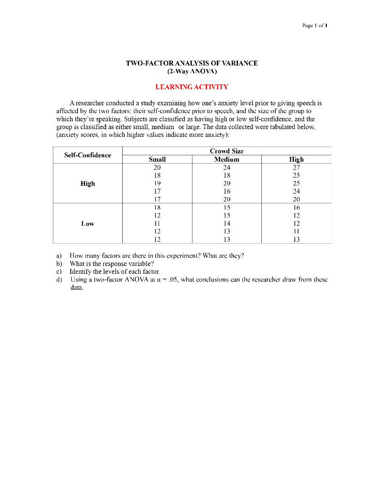 Solved Page 1 of 1 TWO-FACTOR ANALYSIS OF VARIANCE (2-Way | Chegg.com