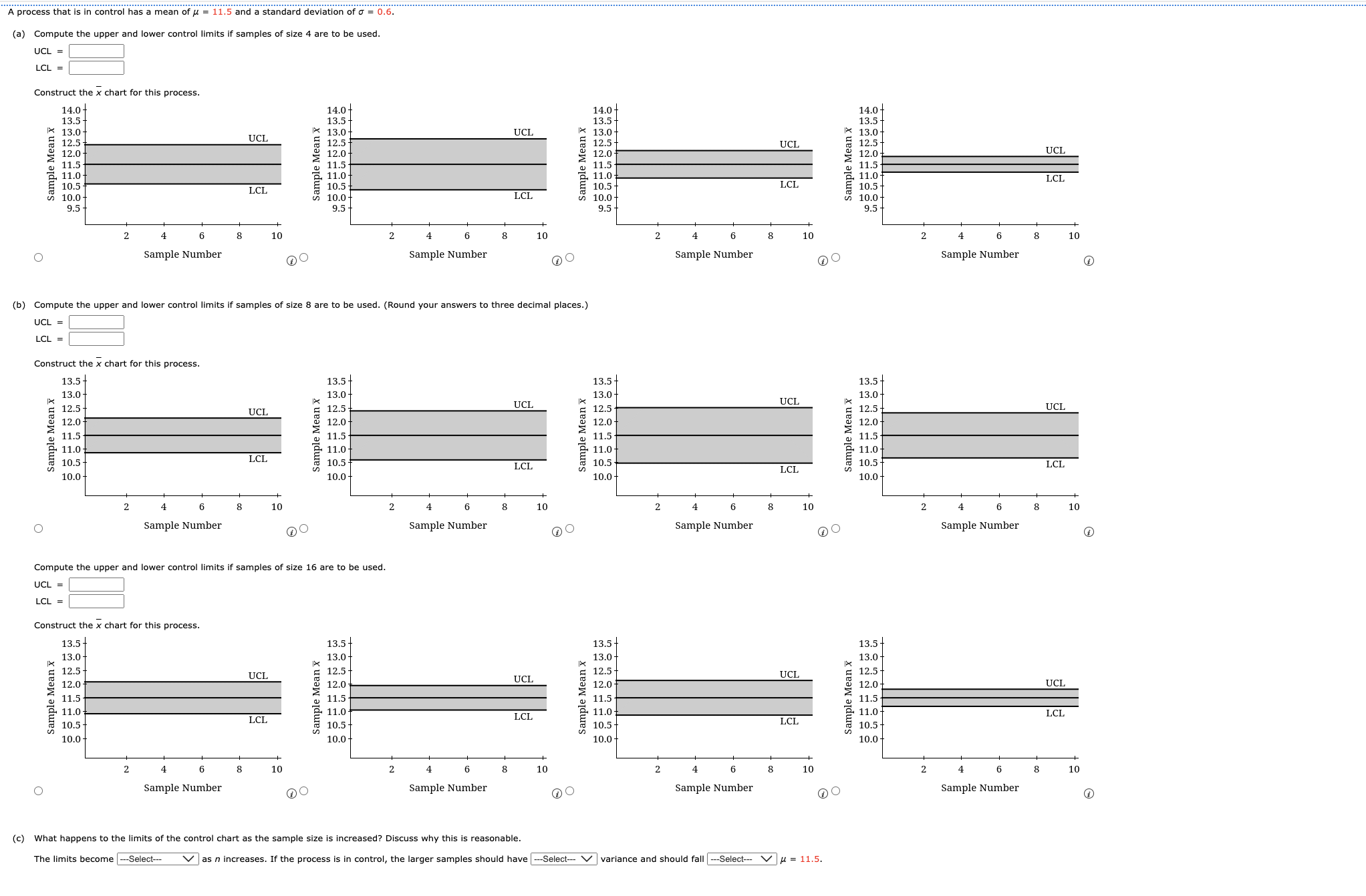Solved A process that is in control has a mean of μ=11.5 | Chegg.com