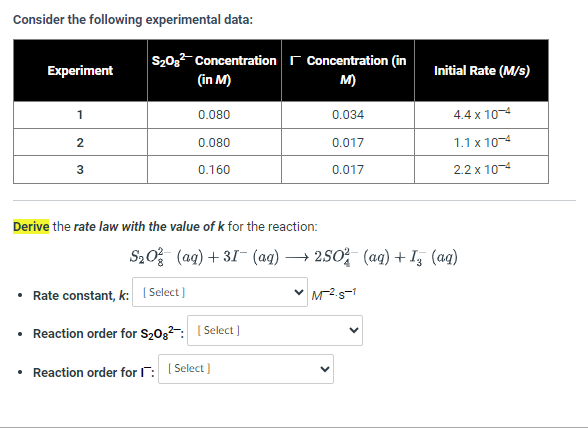 Solved Consider the following experimental data: Derive the | Chegg.com