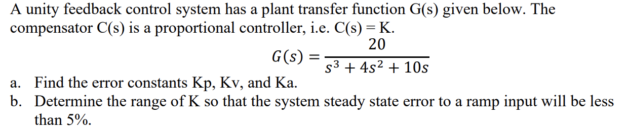 Solved = A unity feedback control system has a plant | Chegg.com