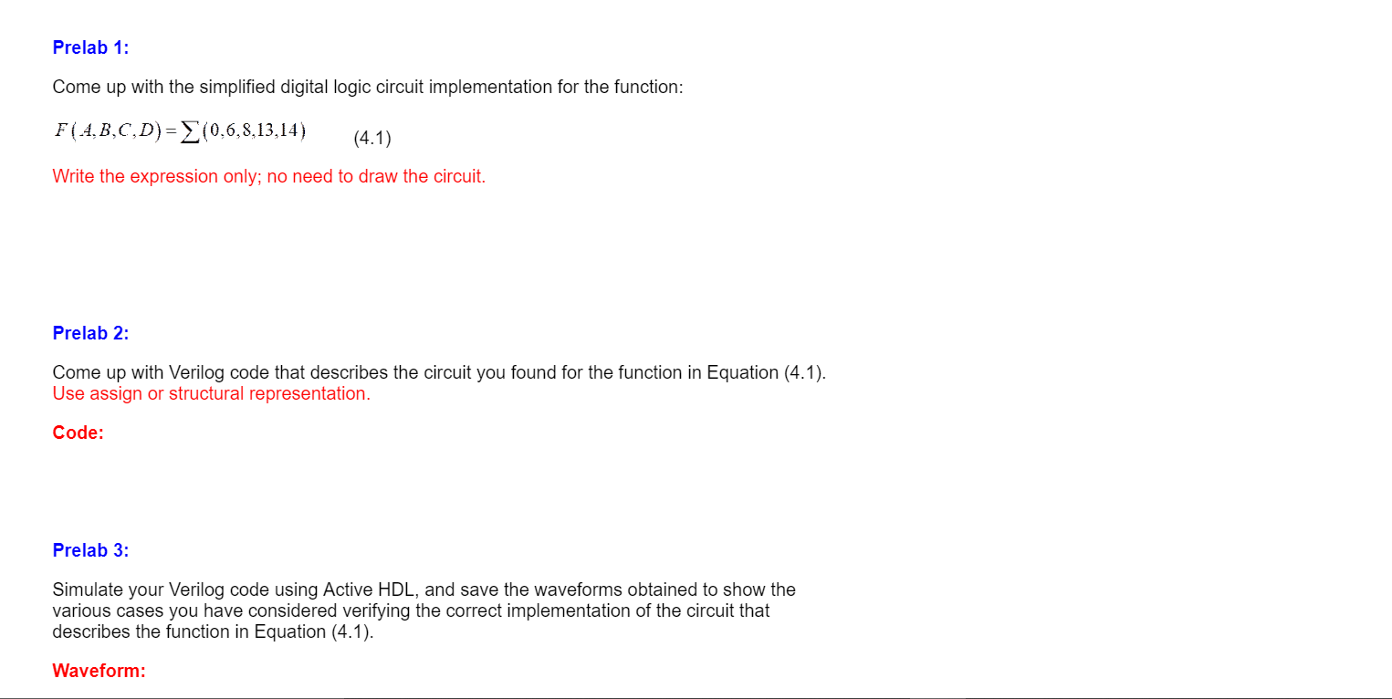 Solved Prelab 1: Come up with the simplified digital logic | Chegg.com