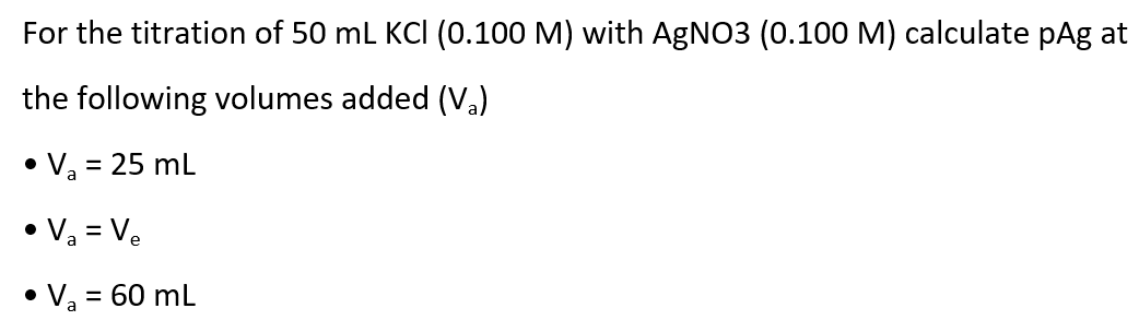Solved For the titration of 50 mL KCl (0.100 M) with AgNO3 | Chegg.com