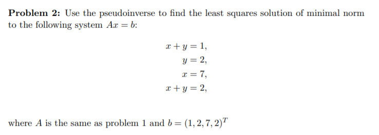 Solved Problem 2: Use the pseudoinverse to find the least | Chegg.com