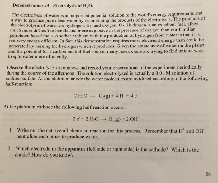 Solved Demonstration #3-Electrolysis of H20. The | Chegg.com