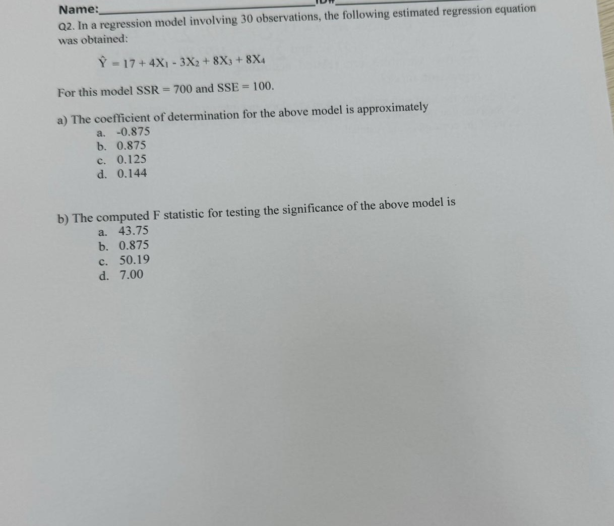 Solved Name: Q2. In a regression model involving 30 | Chegg.com