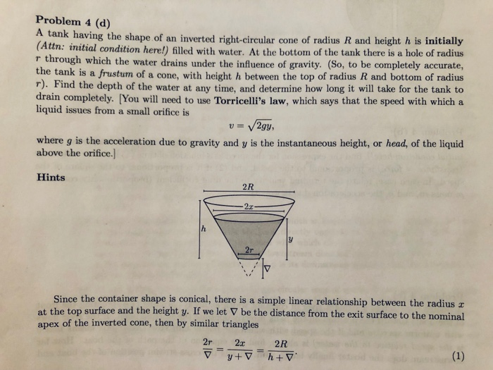 Solved Problem 4 (d) A tank having the shape of an inverted | Chegg.com