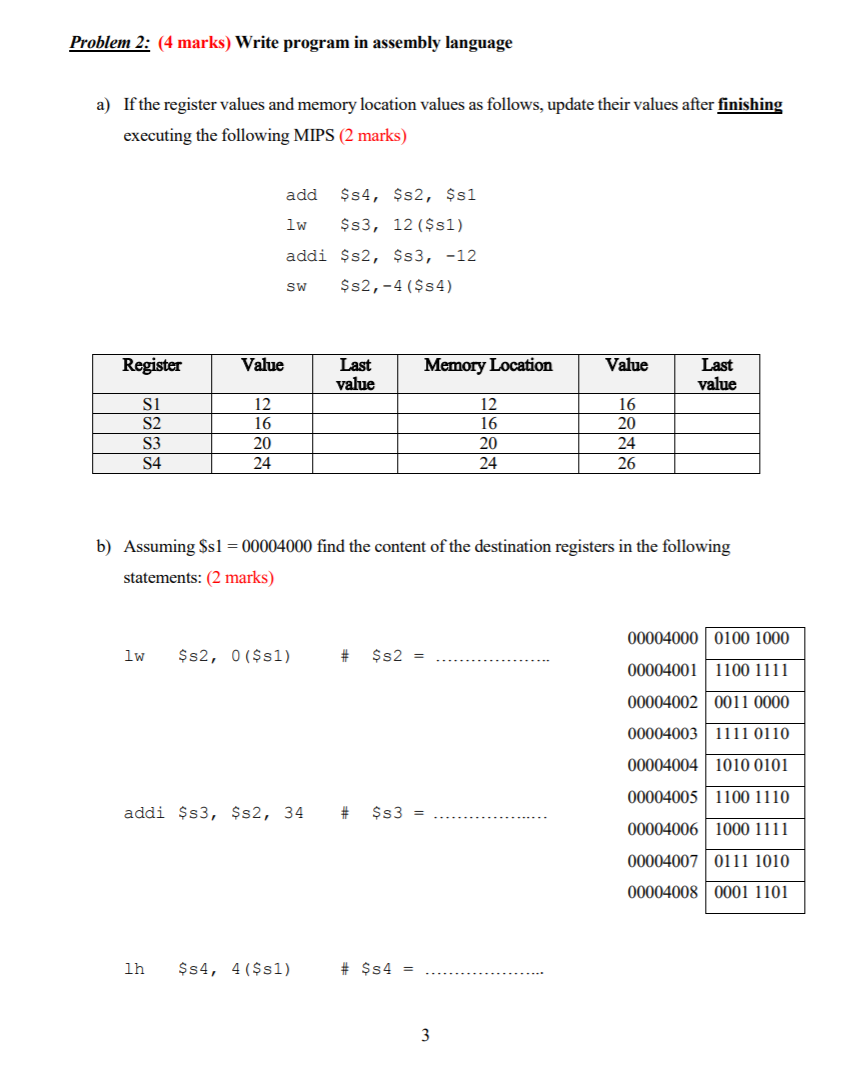 Solved Problem 2: (4 marks) Write program in assembly | Chegg.com