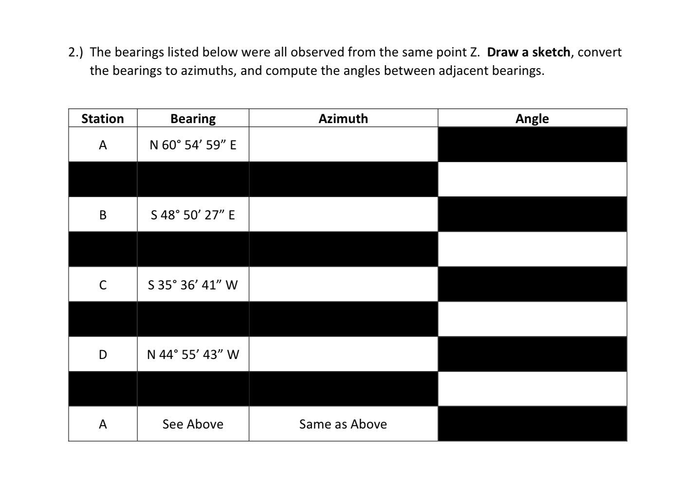 Solved I need help converting Bearings to ﻿Azimuths and | Chegg.com