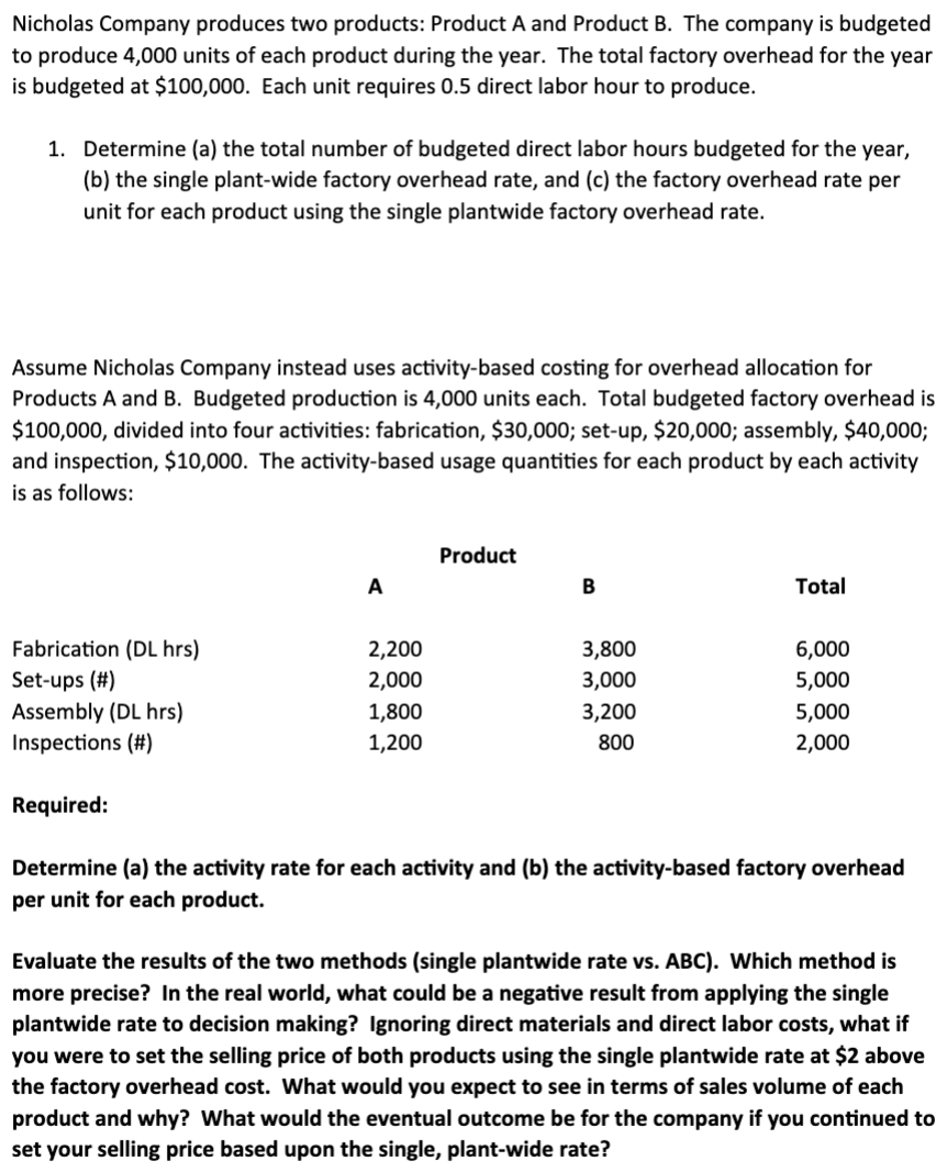 Solved Nicholas Company produces two products: Product A and | Chegg.com
