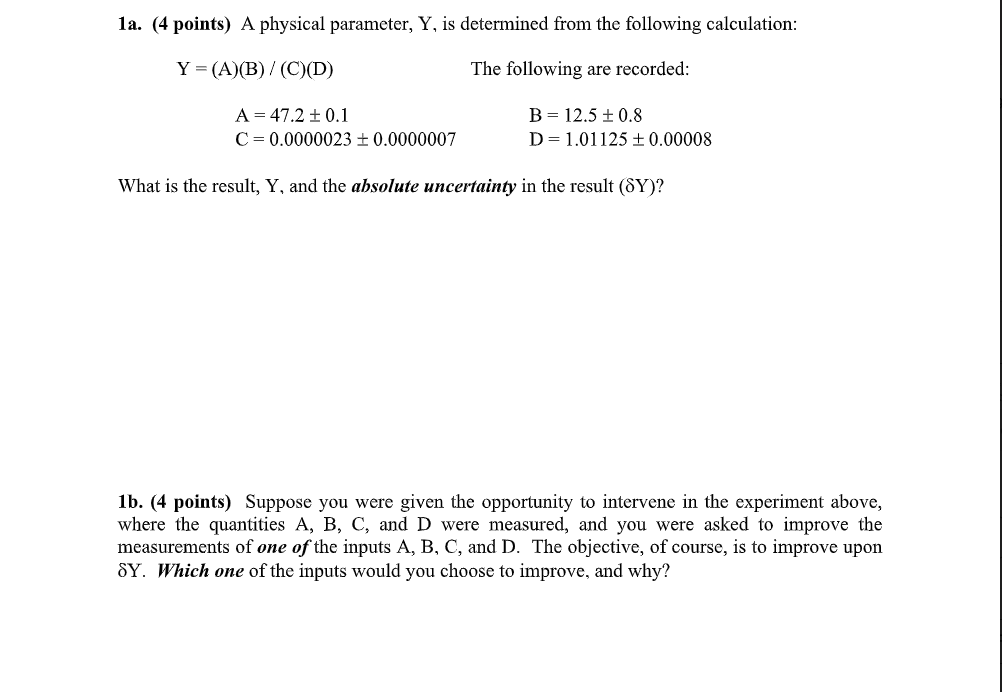 Solved 1a. (4 points) A physical parameter, Y, is determined | Chegg.com