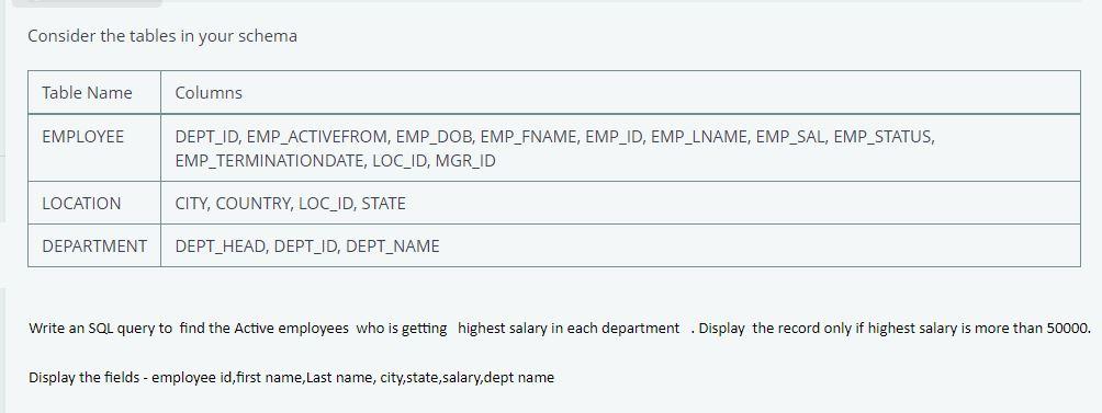 Solved Consider the tables in your schema Table Name Columns | Chegg.com