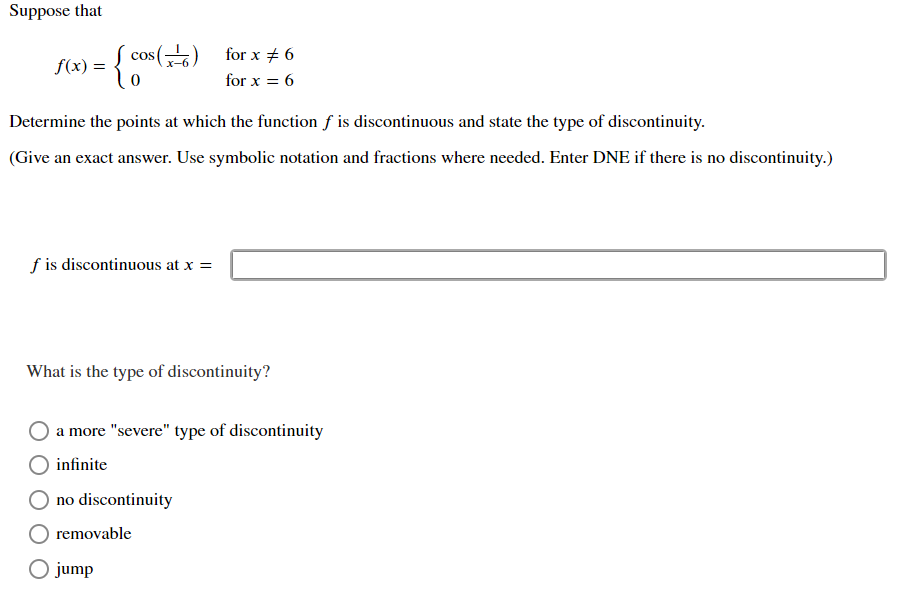 Solved Suppose that f(x)={cos(x−61)0 for x =6 for x=6 | Chegg.com