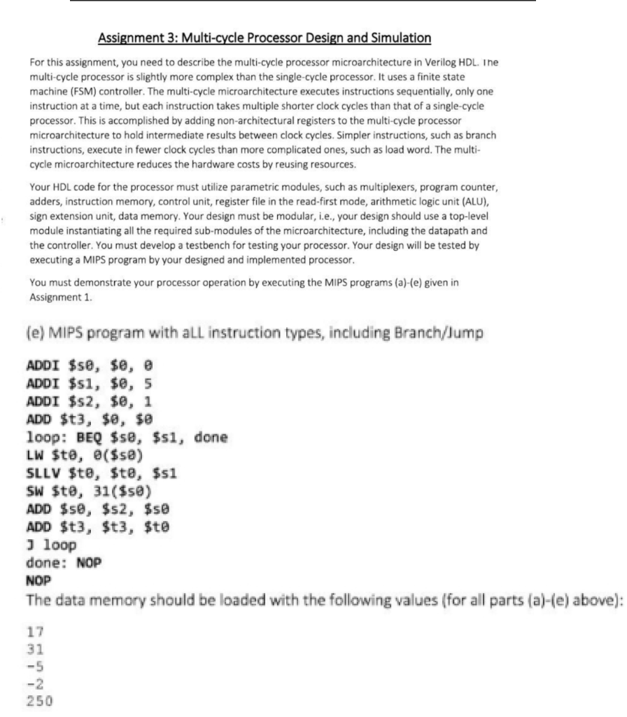 Assignment 3: Multi-cycle Processor Design and | Chegg.com