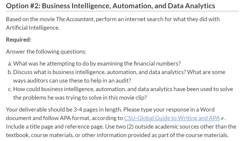 Option #2: Business Intelligence, Automation, and | Chegg.com