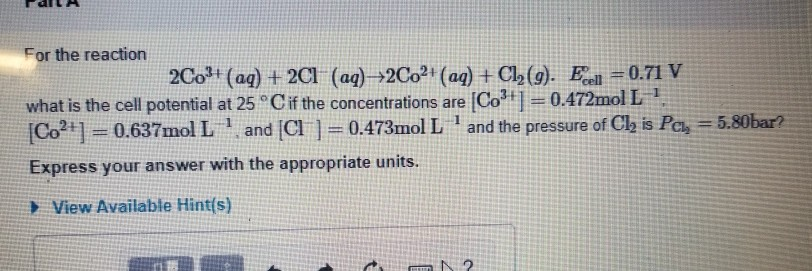 Solved rall For the reaction 2Co3+ (aq) + 2Cl (aq)-2C02(aq) | Chegg.com