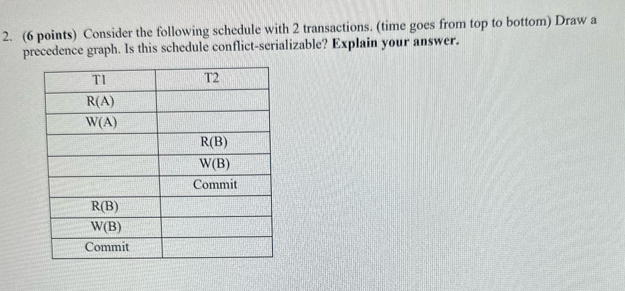 Solved 2. (6 points) Consider the following schedule with 2 | Chegg.com