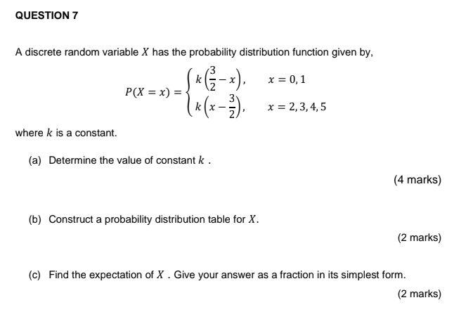 Solved QUESTION 7 A discrete random variable X has the | Chegg.com