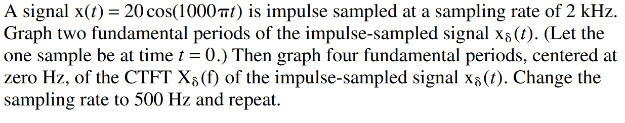 Solved A signal x(t) = 20 cos(1000) is impulse sampled at a | Chegg.com