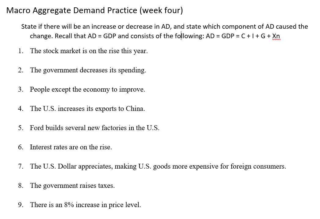Solved Macro Aggregate Demand Practice (week four) State if | Chegg.com