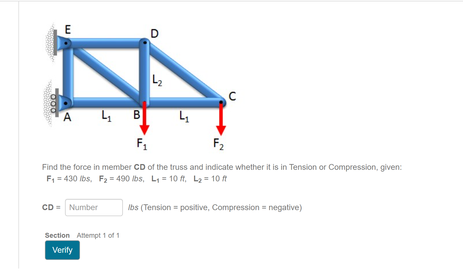 Solved Find the force in member CD of the truss and indicate | Chegg.com