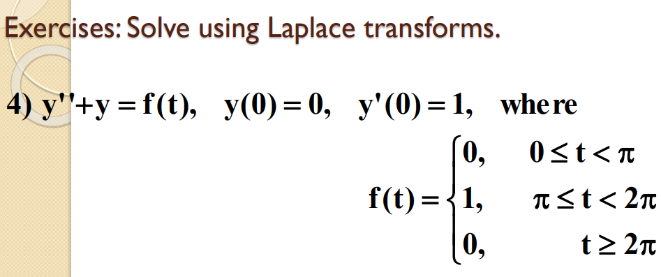 Solved Exercises: Solve using Laplace transforms. 4) yº'+y = | Chegg.com